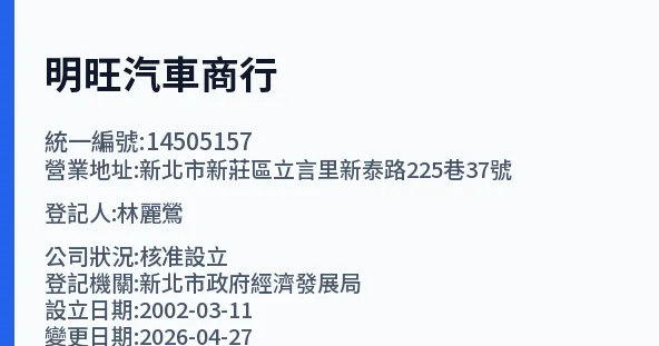 明旺汽車商行的照片-統編 14505157(新北市) 公司登記資料與營業項目詳細圖表