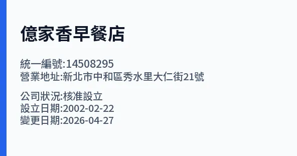 億家香早餐店的照片-統編 14508295(新北市) 公司登記資料與營業項目詳細圖表