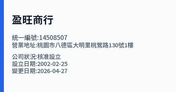 盈旺商行的照片-統編 14508507(桃園市) 公司登記資料與營業項目詳細圖表