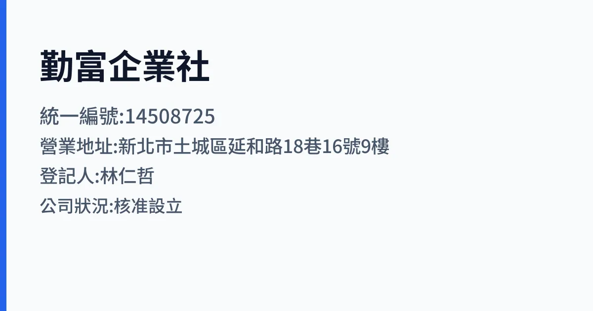 勤富企業社 - 統編 14508725(新北市) 公司登記資料與營業項目詳細圖表