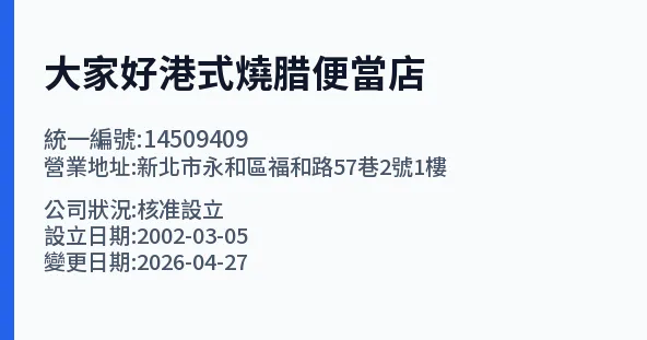 大家好港式燒腊便當店的照片-統編 14509409(新北市) 公司登記資料與營業項目詳細圖表