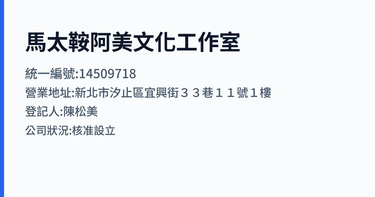 馬太鞍阿美文化工作室 - 統編 14509718(新北市) 公司登記資料與營業項目詳細圖表
