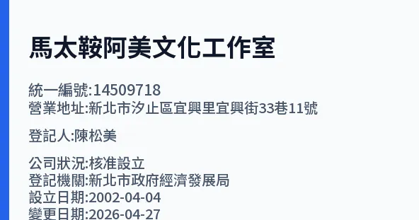 馬太鞍阿美文化工作室的照片-統編 14509718(新北市) 公司登記資料與營業項目詳細圖表