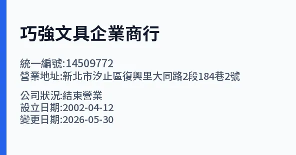 巧強文具企業商行的照片-統編 14509772(新北市) 公司登記資料與營業項目詳細圖表