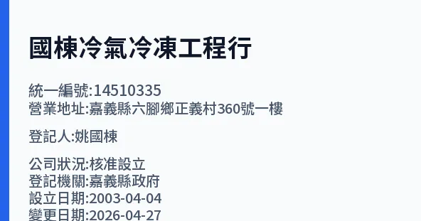 國棟冷氣冷凍工程行的照片-統編 14510335(嘉義縣) 公司登記資料與營業項目詳細圖表