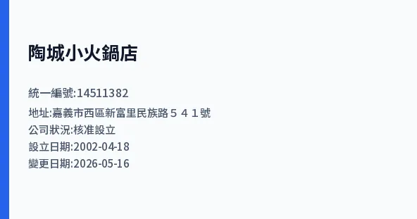 陶城小火鍋店的照片-統編 14511382(嘉義市) 公司登記資料與營業項目詳細圖表
