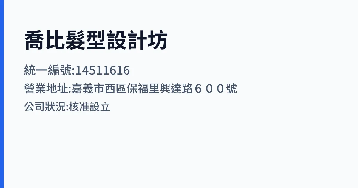 喬比髮型設計坊 - 統編 14511616(嘉義市) 公司登記資料與營業項目詳細圖表