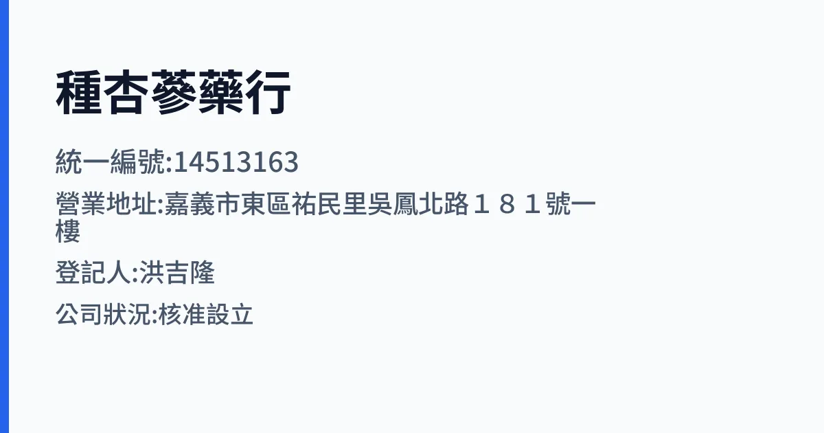 種杏蔘藥行 - 統編 14513163(嘉義市) 公司登記資料與營業項目詳細圖表