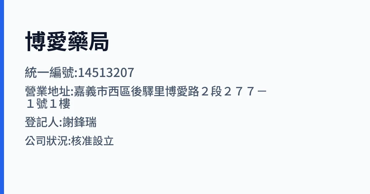 博愛藥局 - 統編 14513207(嘉義市) 公司登記資料與營業項目詳細圖表