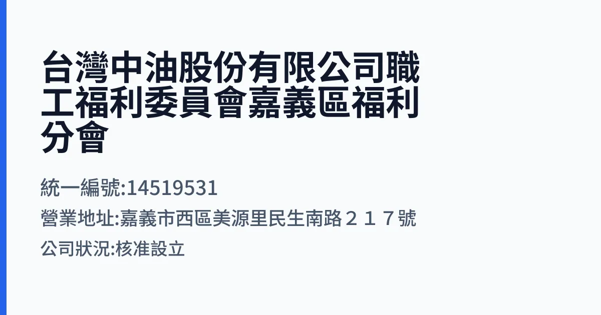 台灣中油股份有限公司職工福利委員會嘉義區福利分會 - 統編 14519531（嘉義市） 公司登記資料與營業項目詳細圖表