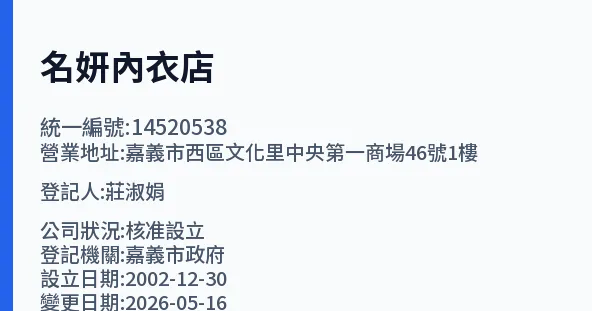 名妍內衣店的照片-統編 14520538(嘉義市) 公司登記資料與營業項目詳細圖表