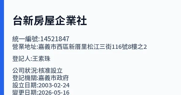 台新房屋企業社的照片-統編 14521847(嘉義市) 公司登記資料與營業項目詳細圖表