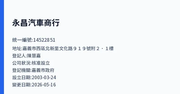 永昌汽車商行的照片-統編 14522851(嘉義市) 公司登記資料與營業項目詳細圖表