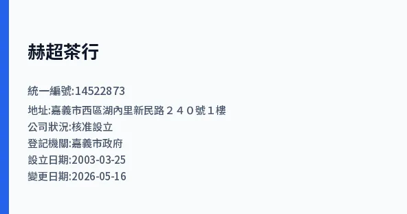 赫超茶行的照片-統編 14522873(嘉義市) 公司登記資料與營業項目詳細圖表