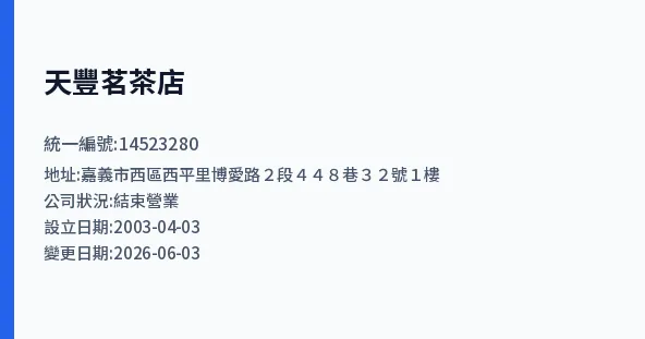 天豐茗茶店的照片-統編 14523280(嘉義市) 公司登記資料與營業項目詳細圖表