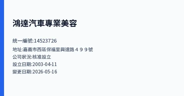 鴻達汽車專業美容的照片-統編 14523726(嘉義市) 公司登記資料與營業項目詳細圖表