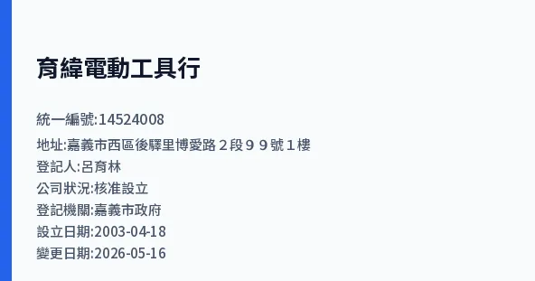 育緯電動工具行的照片-統編 14524008(嘉義市) 公司登記資料與營業項目詳細圖表