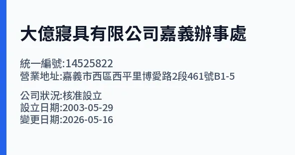 大億寢具有限公司嘉義辦事處的照片-統編 14525822(嘉義市) 公司登記資料與營業項目詳細圖表