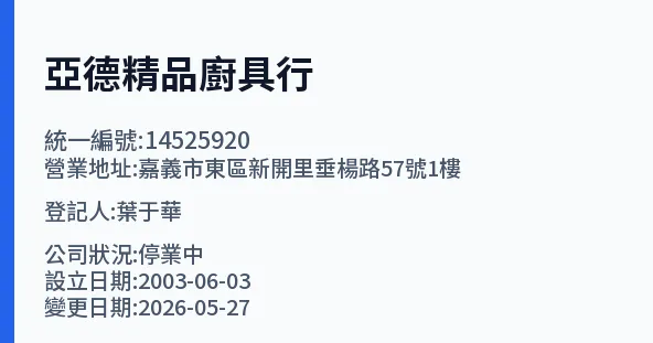 亞德精品廚具行的照片-統編 14525920(嘉義市) 公司登記資料與營業項目詳細圖表