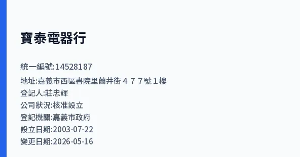 寶泰電器行的照片-統編 14528187(嘉義市) 公司登記資料與營業項目詳細圖表