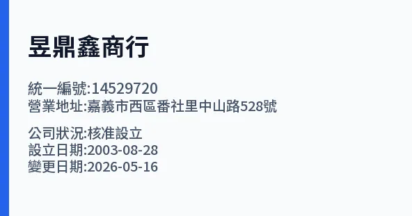 昱鼎鑫商行的照片-統編 14529720(嘉義市) 公司登記資料與營業項目詳細圖表