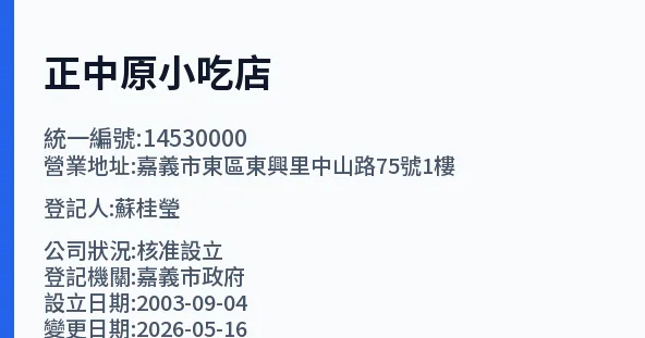 正中原小吃店的照片-統編 14530000(嘉義市) 公司登記資料與營業項目詳細圖表