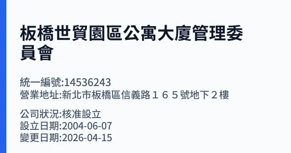 板橋世貿園區公寓大廈管理委員會的照片-統編 14536243(新北市) 公司登記資料與營業項目詳細圖表
