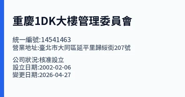重慶1DK大樓管理委員會的照片-統編 14541463(臺北市) 公司登記資料與營業項目詳細圖表