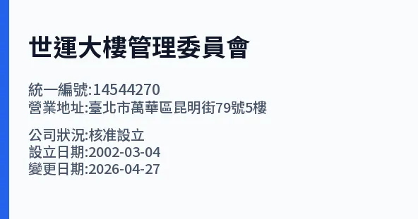 世運大樓管理委員會的照片-統編 14544270(臺北市) 公司登記資料與營業項目詳細圖表