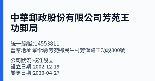 中華郵政股份有限公司芳苑王功郵局的照片-統編 14553811(彰化縣) 公司登記資料與營業項目詳細圖表