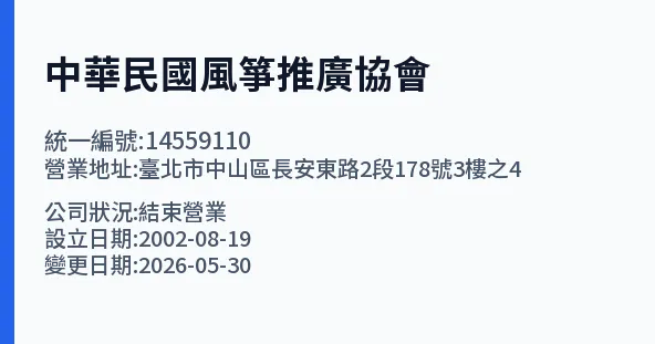 中華民國風箏推廣協會的照片-統編 14559110(臺北市) 公司登記資料與營業項目詳細圖表