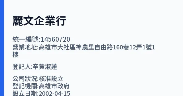 麗文企業行的照片-統編 14560720(高雄市) 公司登記資料與營業項目詳細圖表