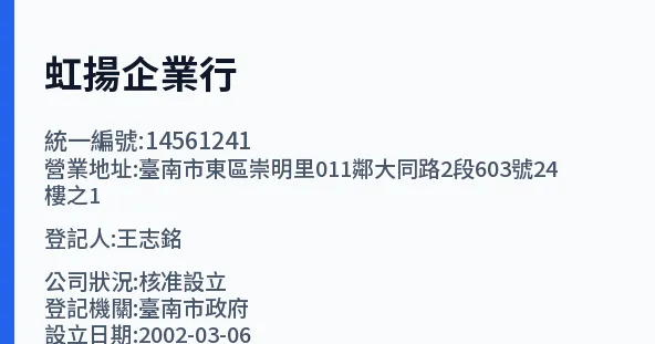 虹揚企業行的照片-統編 14561241(臺南市) 公司登記資料與營業項目詳細圖表