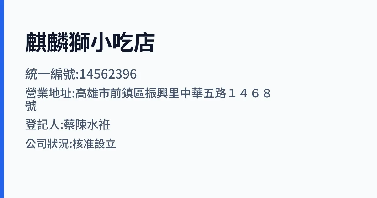 麒麟獅小吃店 - 統編 14562396(高雄市) 公司登記資料與營業項目詳細圖表