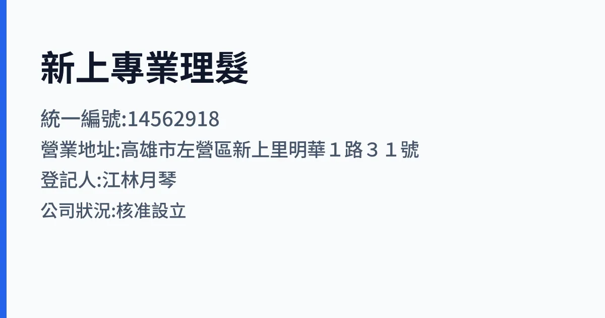 新上專業理髮 - 統編 14562918(高雄市) 公司登記資料與營業項目詳細圖表