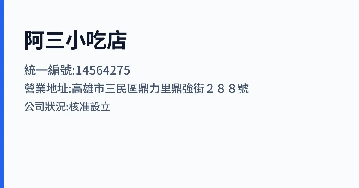 阿三小吃店 - 統編 14564275(高雄市) 公司登記資料與營業項目詳細圖表