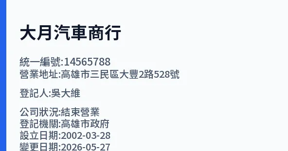 大月汽車商行的照片-統編 14565788(高雄市) 公司登記資料與營業項目詳細圖表