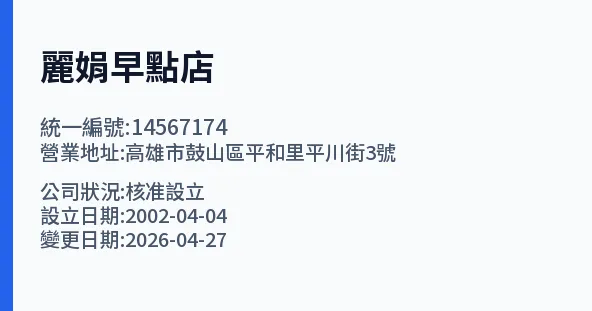 麗娟早點店的照片-統編 14567174(高雄市) 公司登記資料與營業項目詳細圖表