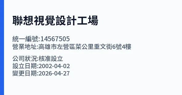 聯想視覺設計工場的照片-統編 14567505(高雄市) 公司登記資料與營業項目詳細圖表