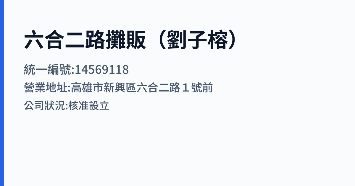六合二路攤販(劉子榕) - 統編 14569118(高雄市) 公司登記資料與營業項目詳細圖表
