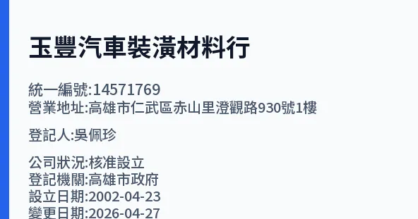 玉豐汽車裝潢材料行的照片-統編 14571769(高雄市) 公司登記資料與營業項目詳細圖表
