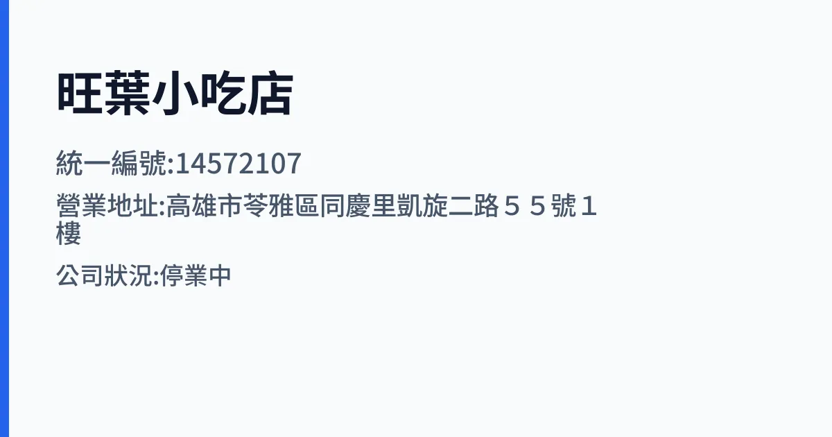 旺葉小吃店 - 統編 14572107(高雄市) 公司登記資料與營業項目詳細圖表
