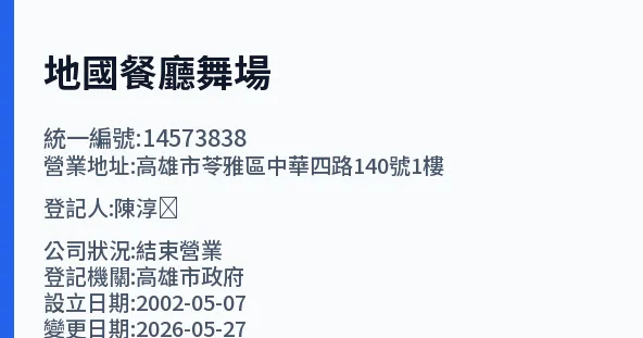 地國餐廳舞場的照片-統編 14573838(高雄市) 公司登記資料與營業項目詳細圖表