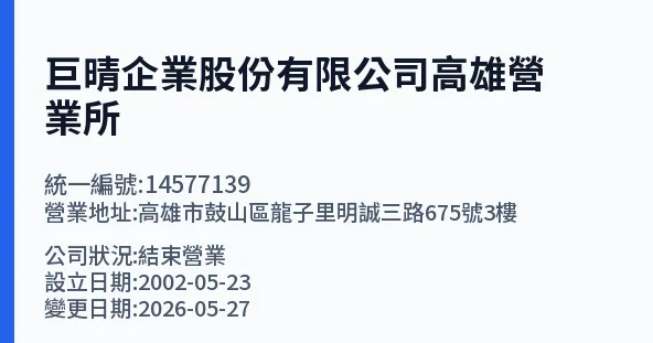 巨晴企業股份有限公司高雄營業所的照片-統編 14577139(高雄市) 公司登記資料與營業項目詳細圖表