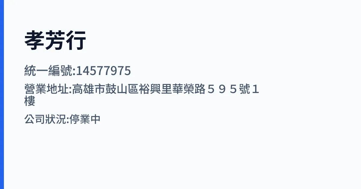 孝芳行 - 統編 14577975(高雄市) 公司登記資料與營業項目詳細圖表
