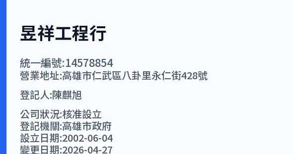 昱祥工程行的照片-統編 14578854(高雄市) 公司登記資料與營業項目詳細圖表