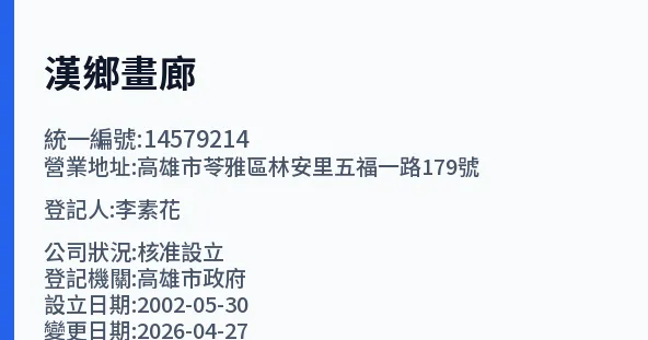 漢鄉畫廊的照片-統編 14579214(高雄市) 公司登記資料與營業項目詳細圖表