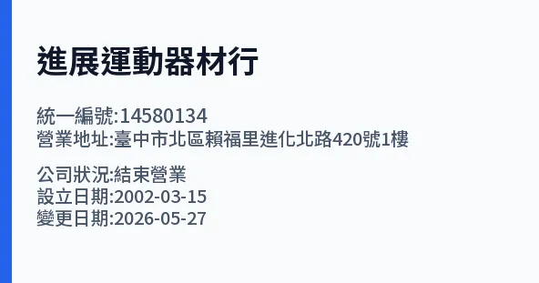 進展運動器材行的照片-統編 14580134(臺中市) 公司登記資料與營業項目詳細圖表