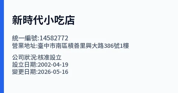 新時代小吃店的照片-統編 14582772(臺中市) 公司登記資料與營業項目詳細圖表