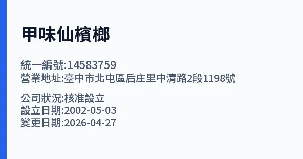 甲味仙檳榔的照片-統編 14583759(臺中市) 公司登記資料與營業項目詳細圖表